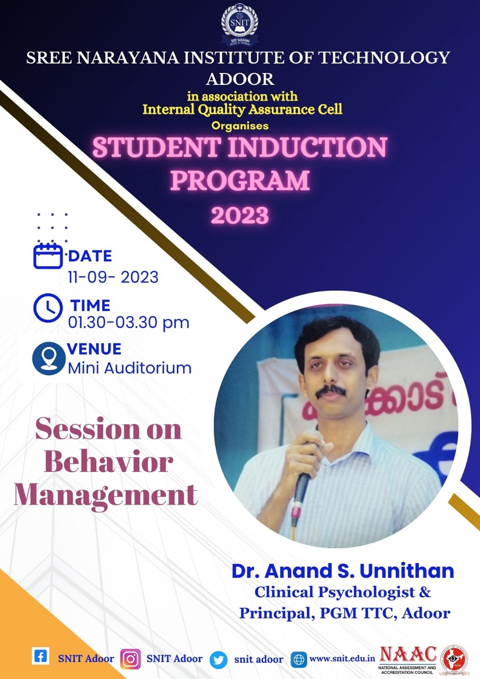 Student Induction Program Session on behavior Management by Dr. Anand S ...